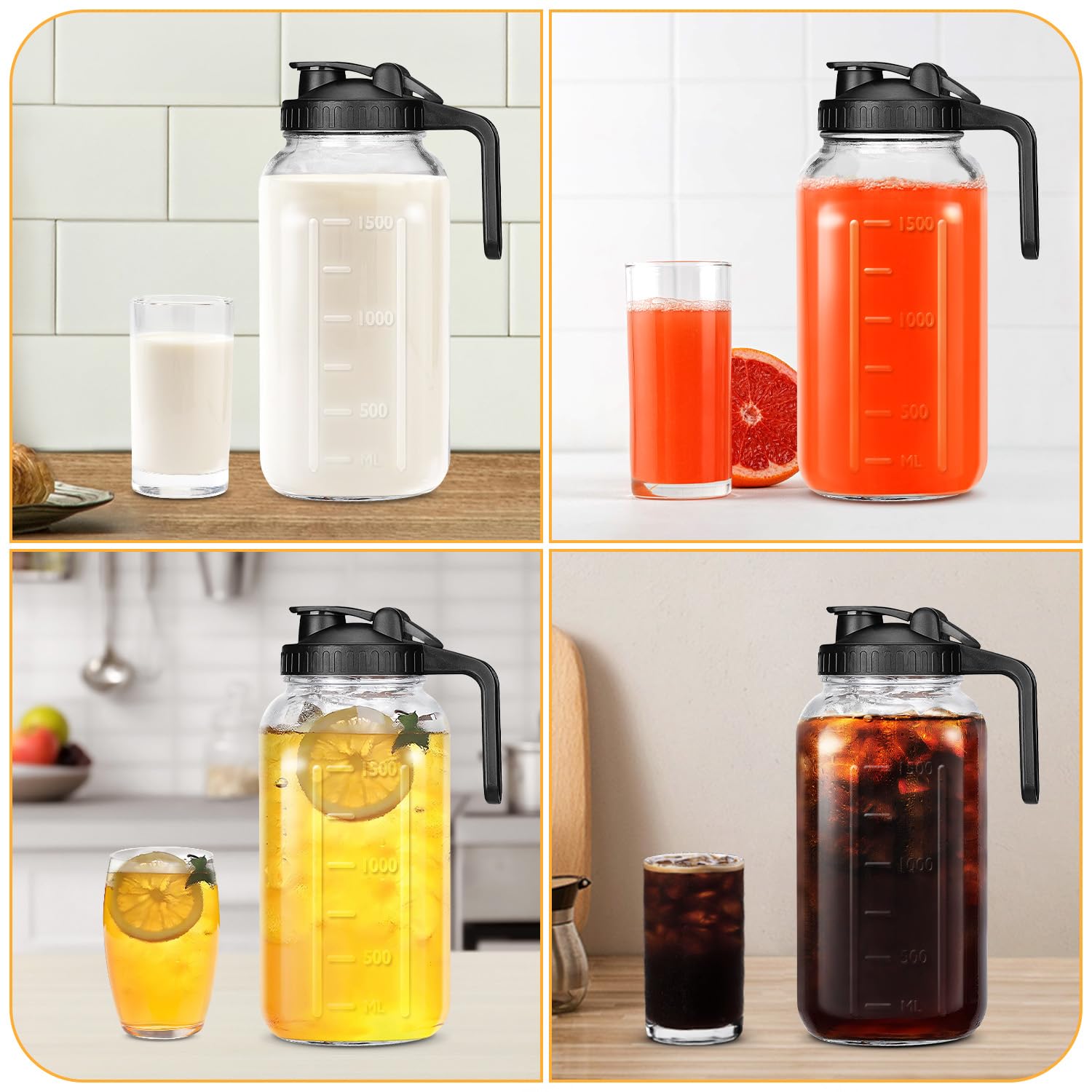 UYEIKMLOP 64 OZ Mason Jars with Lid, Glass Pitcher Double Leak Proof with Pour Spout Handle, 2 Quart Wide Mouth Breast Milk Pitcher for Fridge, Creamer Container for Coffee, Sun Tea(Black,1 Pack)