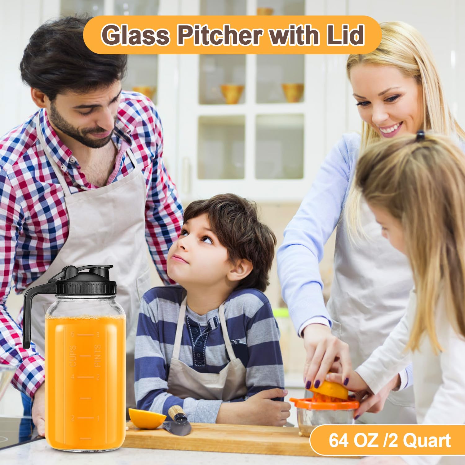UYEIKMLOP 64 OZ Mason Jars with Lid, Glass Pitcher Double Leak Proof with Pour Spout Handle, 2 Quart Wide Mouth Breast Milk Pitcher for Fridge, Creamer Container for Coffee, Sun Tea(Black,1 Pack)