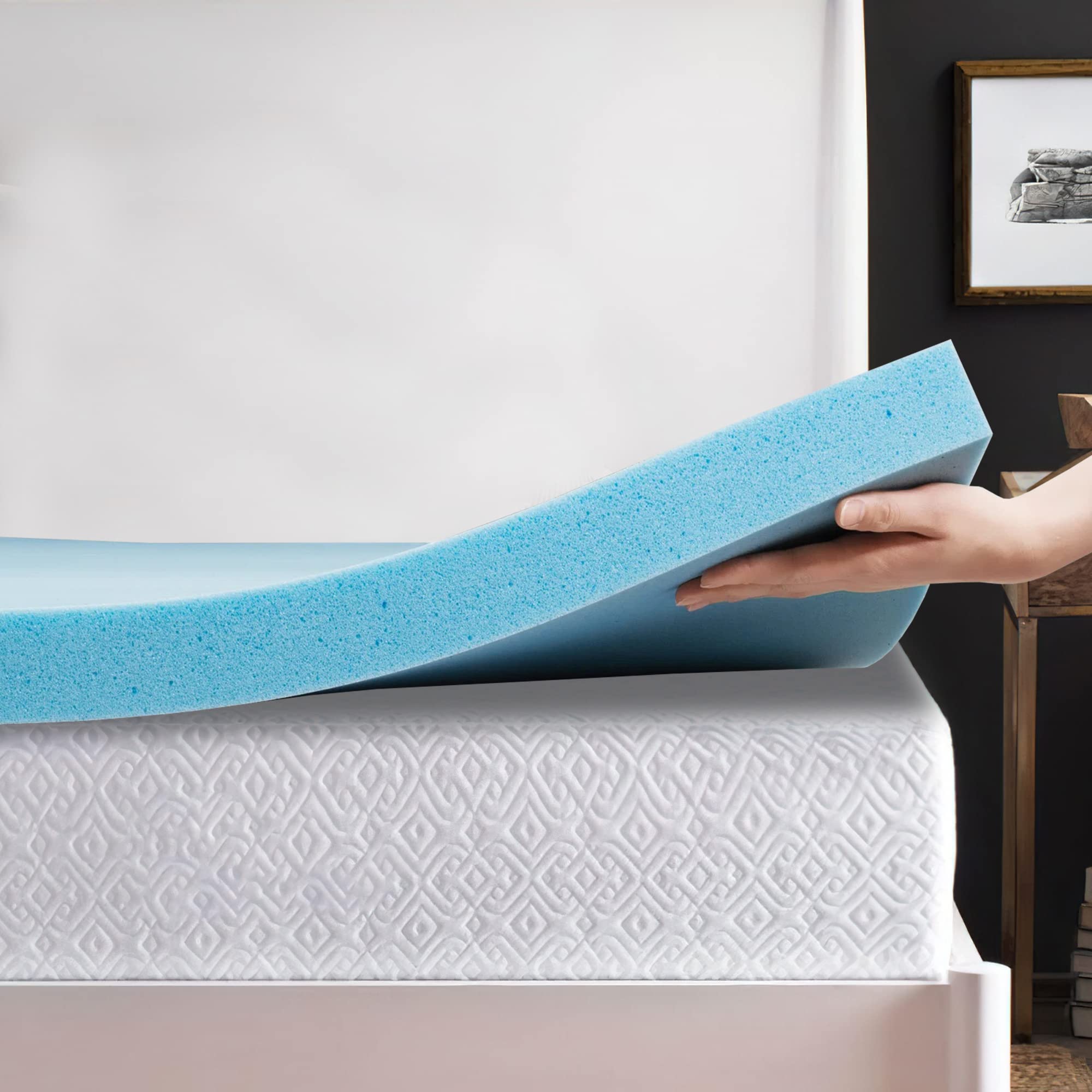 Spring Coil, 1-Inch Gel Memory Foam Mattress Topper, CertiPUR-US Certified for Superior Comfort and Support, Queen, Blue
