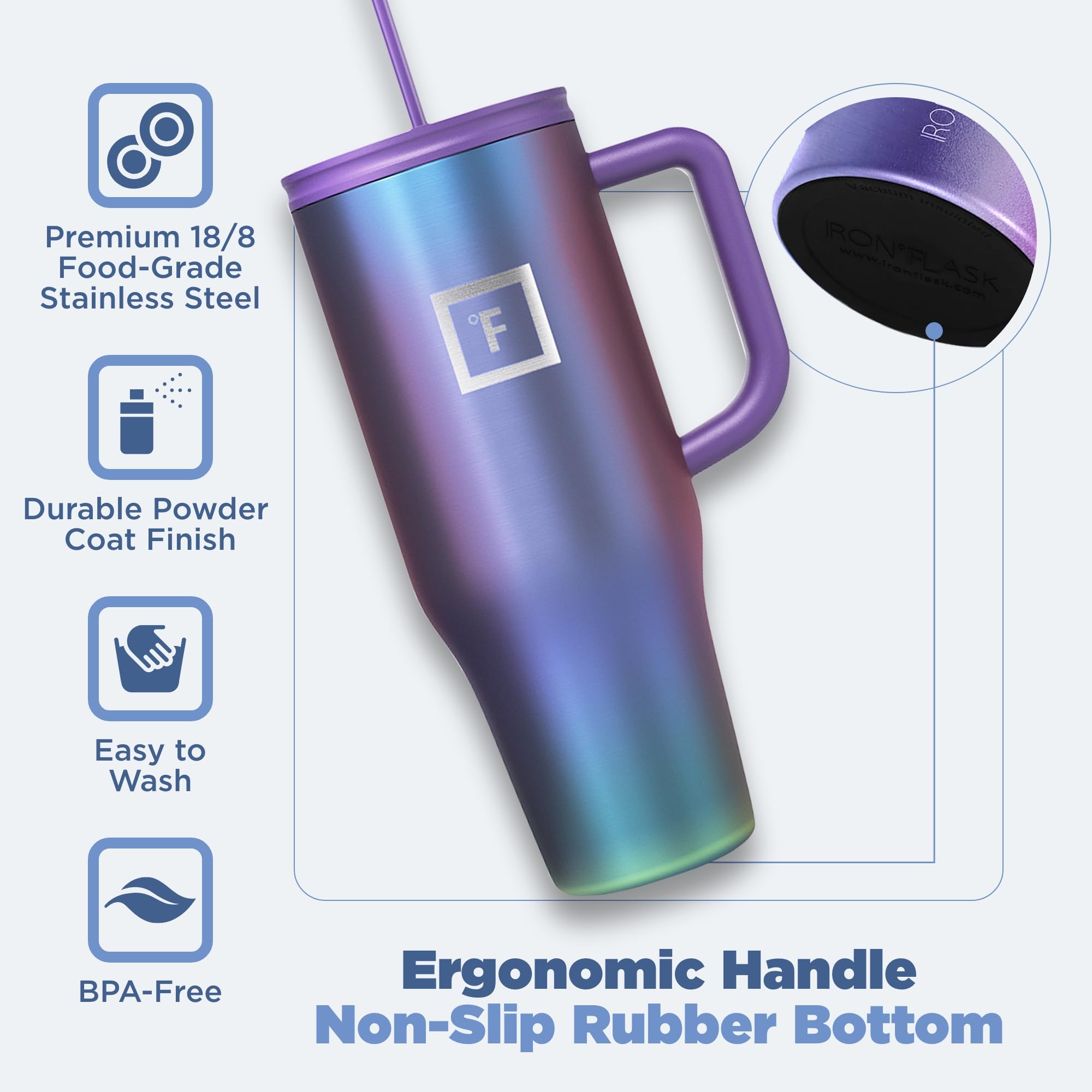IRON °FLASK Co-Pilot Insulated Mug w/Straw & Flip Cap Lids - Cup Holder Bottle for Hot, Cold Drink - Leak-Proof - Water, Coffee Portable Travel Mug - Aurora, 40 Oz