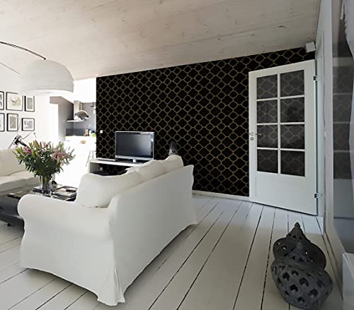 Feisoon 17.7"x118" Black and Gold Wallpaper Geometric Wallpaper Trellis Pattern Peel and Stick Wallpaper Removable Modern DIY Contact Paper Self Adhesive Wallpaper for Living Room Bathroom Decor