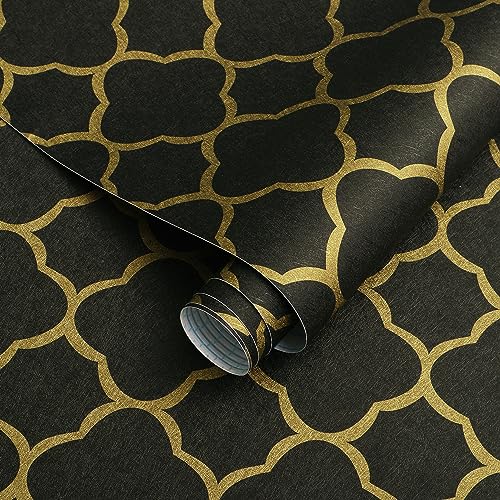 Feisoon 17.7"x118" Black and Gold Wallpaper Geometric Wallpaper Trellis Pattern Peel and Stick Wallpaper Removable Modern DIY Contact Paper Self Adhesive Wallpaper for Living Room Bathroom Decor