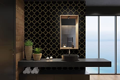 Feisoon 17.7"x118" Black and Gold Wallpaper Geometric Wallpaper Trellis Pattern Peel and Stick Wallpaper Removable Modern DIY Contact Paper Self Adhesive Wallpaper for Living Room Bathroom Decor