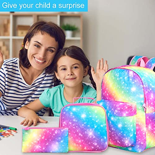 3PCS Girls Backpack, Kids Rainbow Preschool Bookbag and Lunch Box, Elementary Kindergarten School Bag