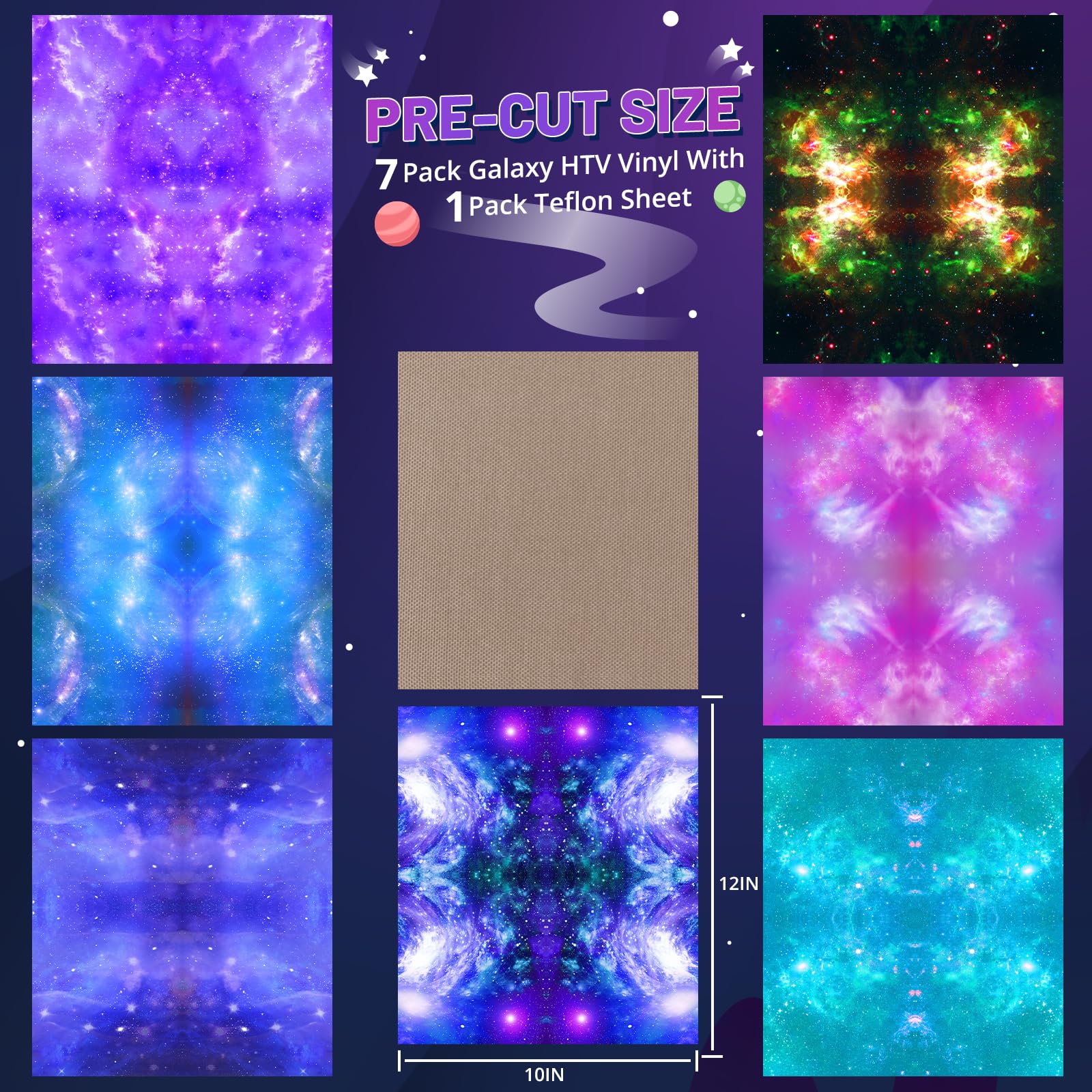 HTVRONT Galaxy Heat Transfer Vinyl - 7 Pack 12x10in Starry Sky Iron on Vinyl for t Shirts, Space Pattern Galaxy HTV Vinyl with 1 Pack Teflon Sheet, DIY Crafts