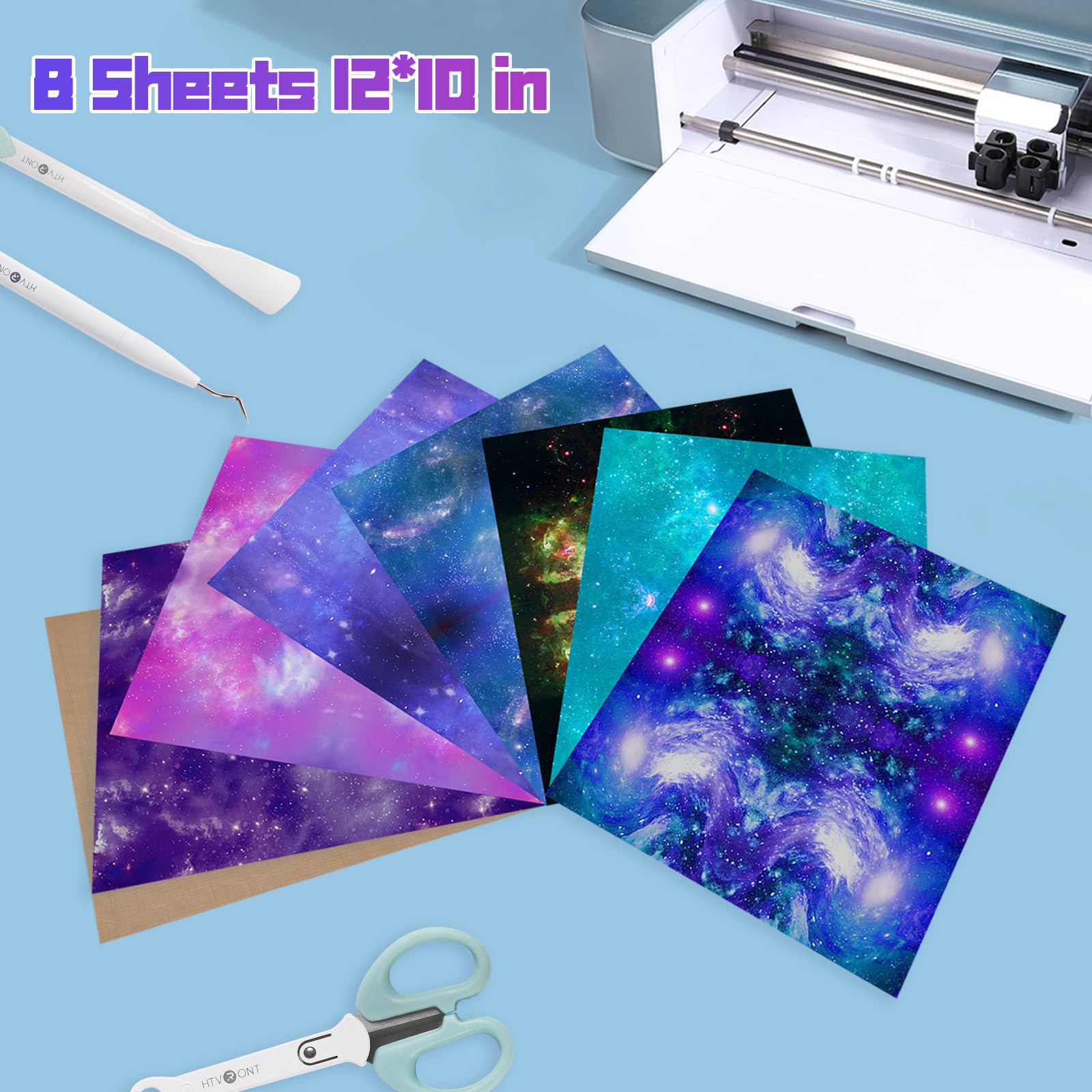 HTVRONT Galaxy Heat Transfer Vinyl - 7 Pack 12x10in Starry Sky Iron on Vinyl for t Shirts, Space Pattern Galaxy HTV Vinyl with 1 Pack Teflon Sheet, DIY Crafts