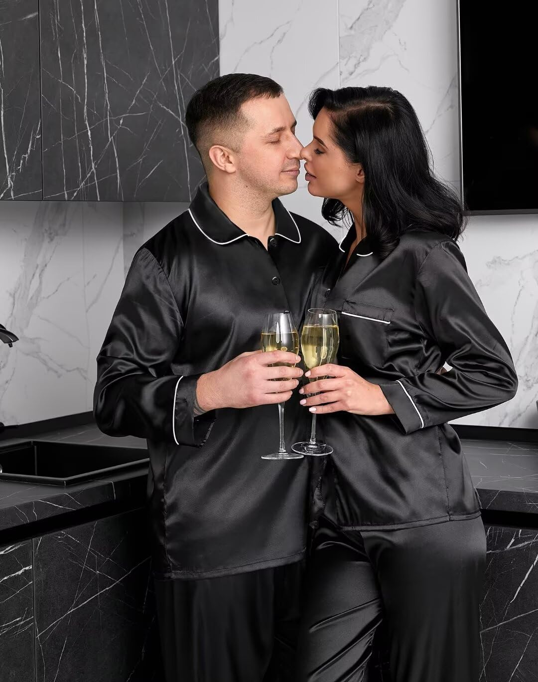 SWOMOG Couple Silk Satin Pajamas Set 2Pcs Matching Famliy Sleepwear Button Down Loungewear Men & Women Pjs with Pants Black