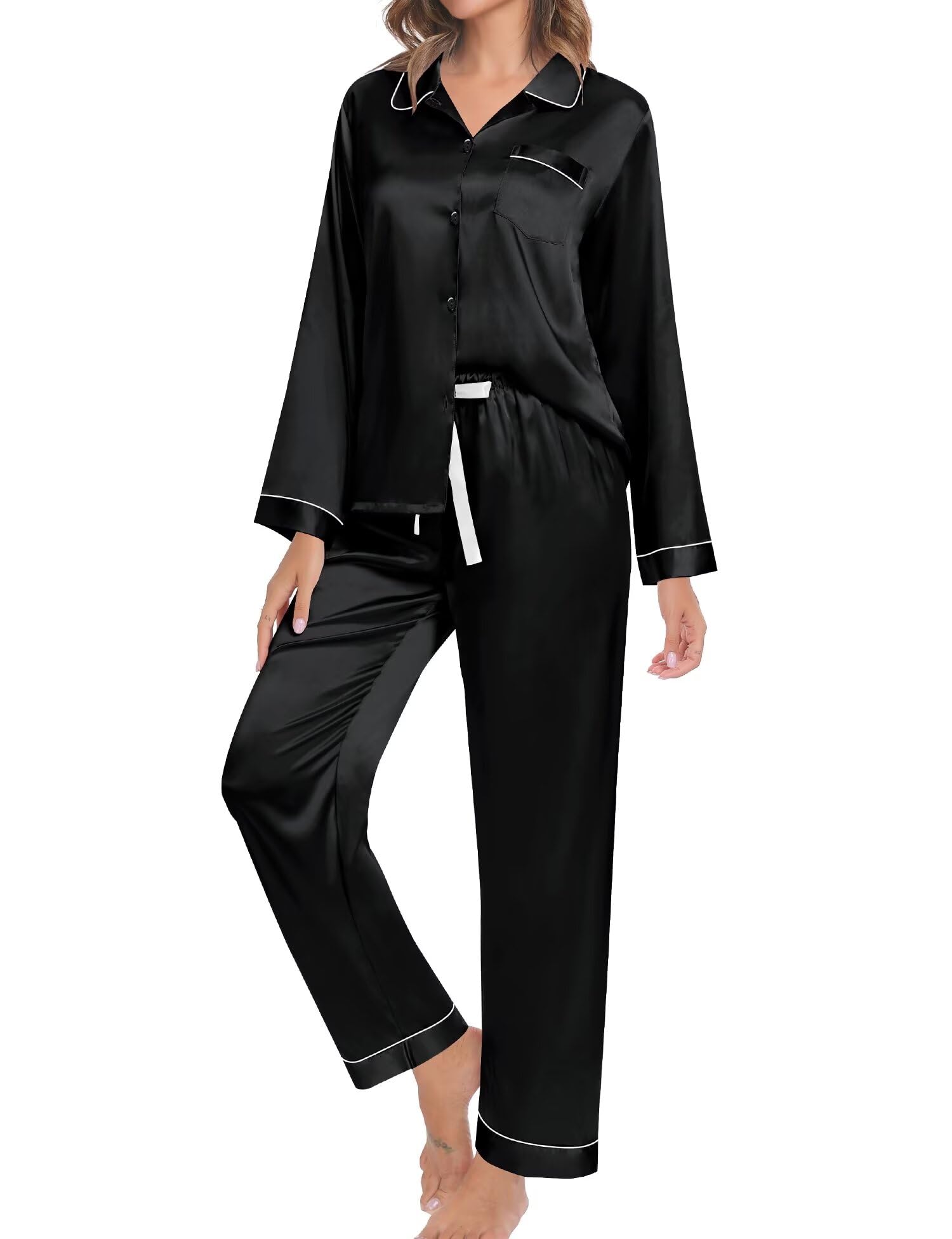 SWOMOG Couple Silk Satin Pajamas Set 2Pcs Matching Famliy Sleepwear Button Down Loungewear Men & Women Pjs with Pants Black