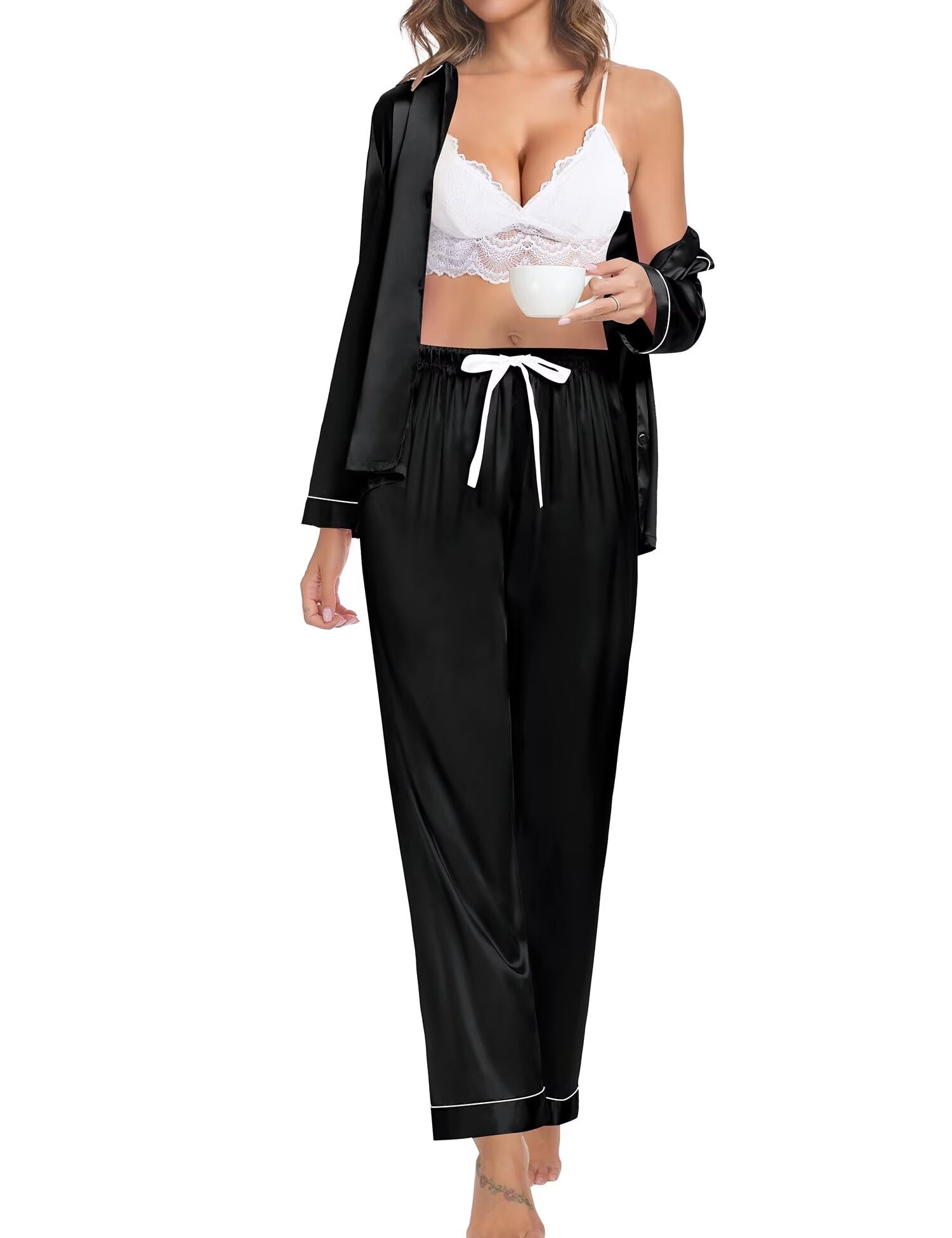 SWOMOG Couple Silk Satin Pajamas Set 2Pcs Matching Famliy Sleepwear Button Down Loungewear Men & Women Pjs with Pants Black