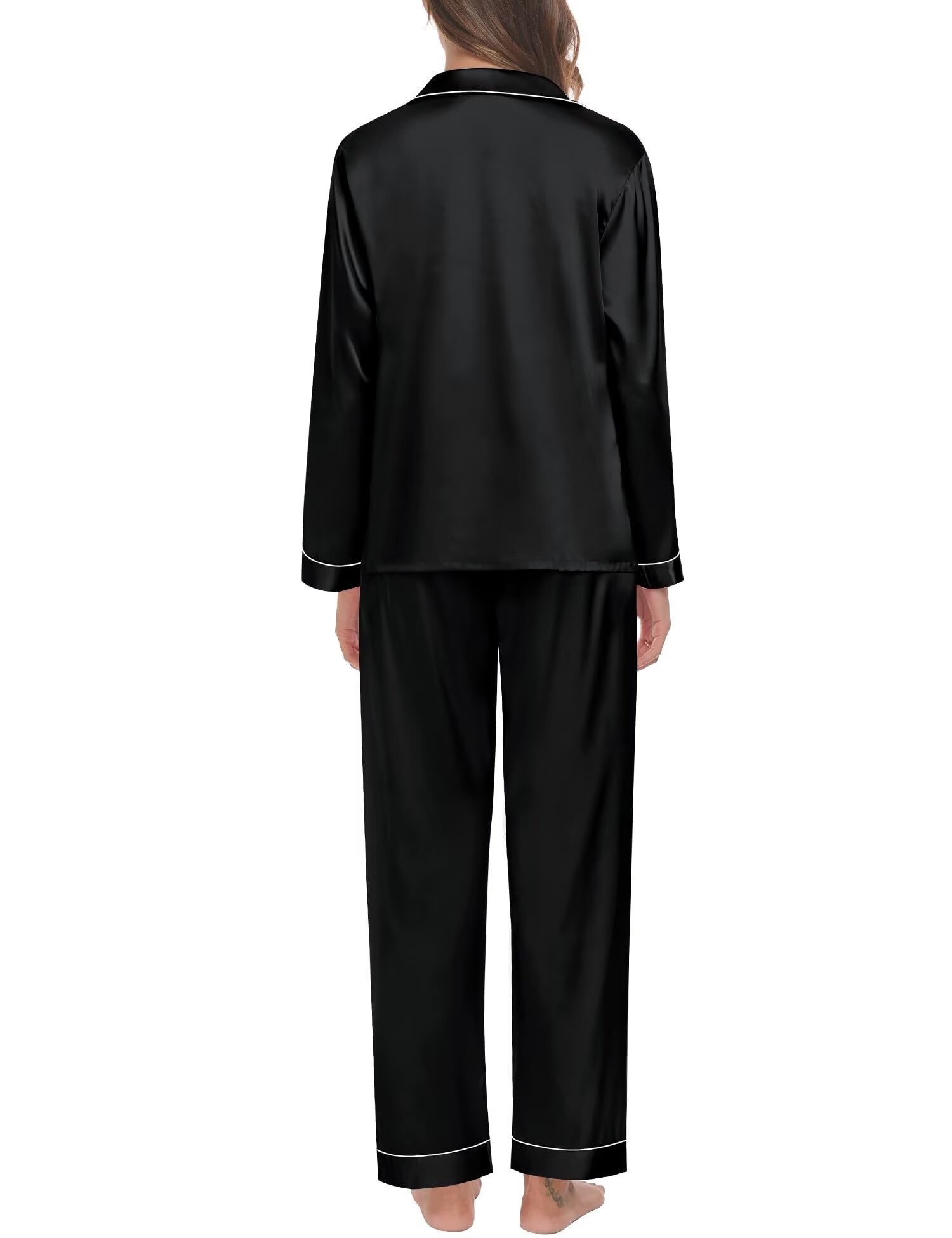 SWOMOG Couple Silk Satin Pajamas Set 2Pcs Matching Famliy Sleepwear Button Down Loungewear Men & Women Pjs with Pants Black