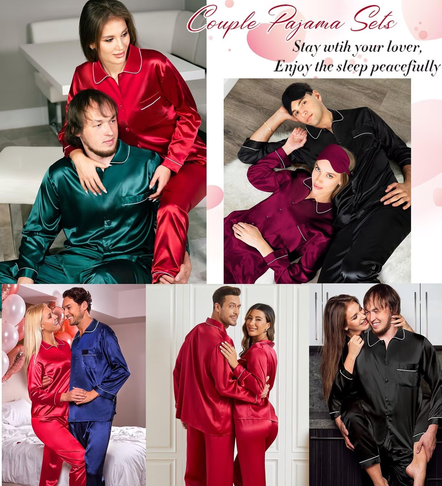 SWOMOG Couple Silk Satin Pajamas Set 2Pcs Matching Famliy Sleepwear Button Down Loungewear Men & Women Pjs with Pants Black