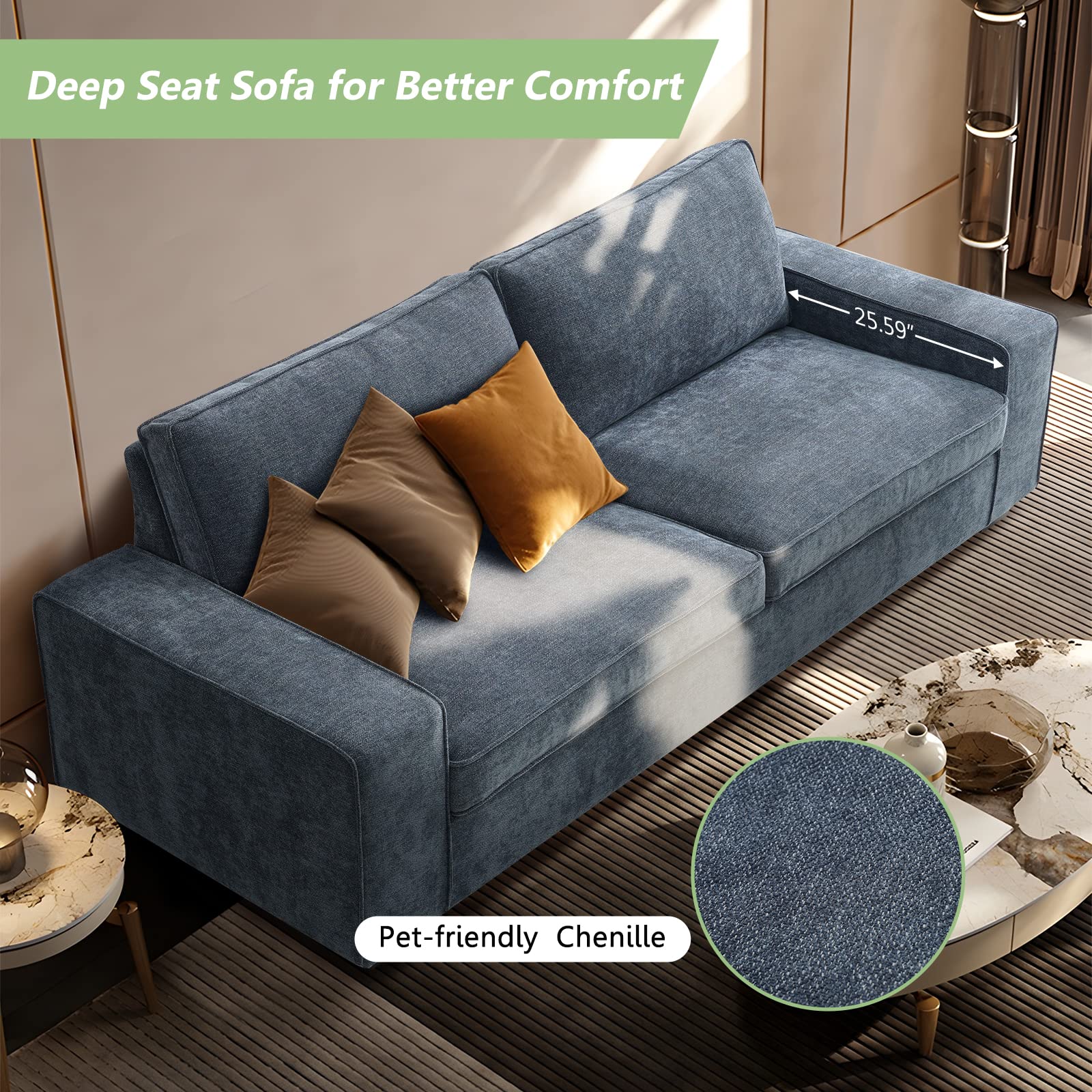 LEISLAND 71.25" Modern Sofas for Living Room, Small Sofas Couches for Small Spaces, Chenille Loveseat Couch with Solid Wood, Metal, Square Arm and Removable Cover/Easy to Install(Blue)