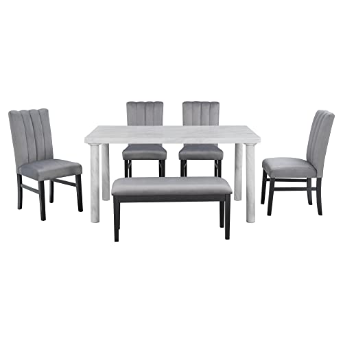 RITSU 6-piece Set, 60" table seat, 4 fabric upholstered dining chairs and 1 bench for 6 people, suitable for living furniture, guest room, home bar and kitchen, white + gray