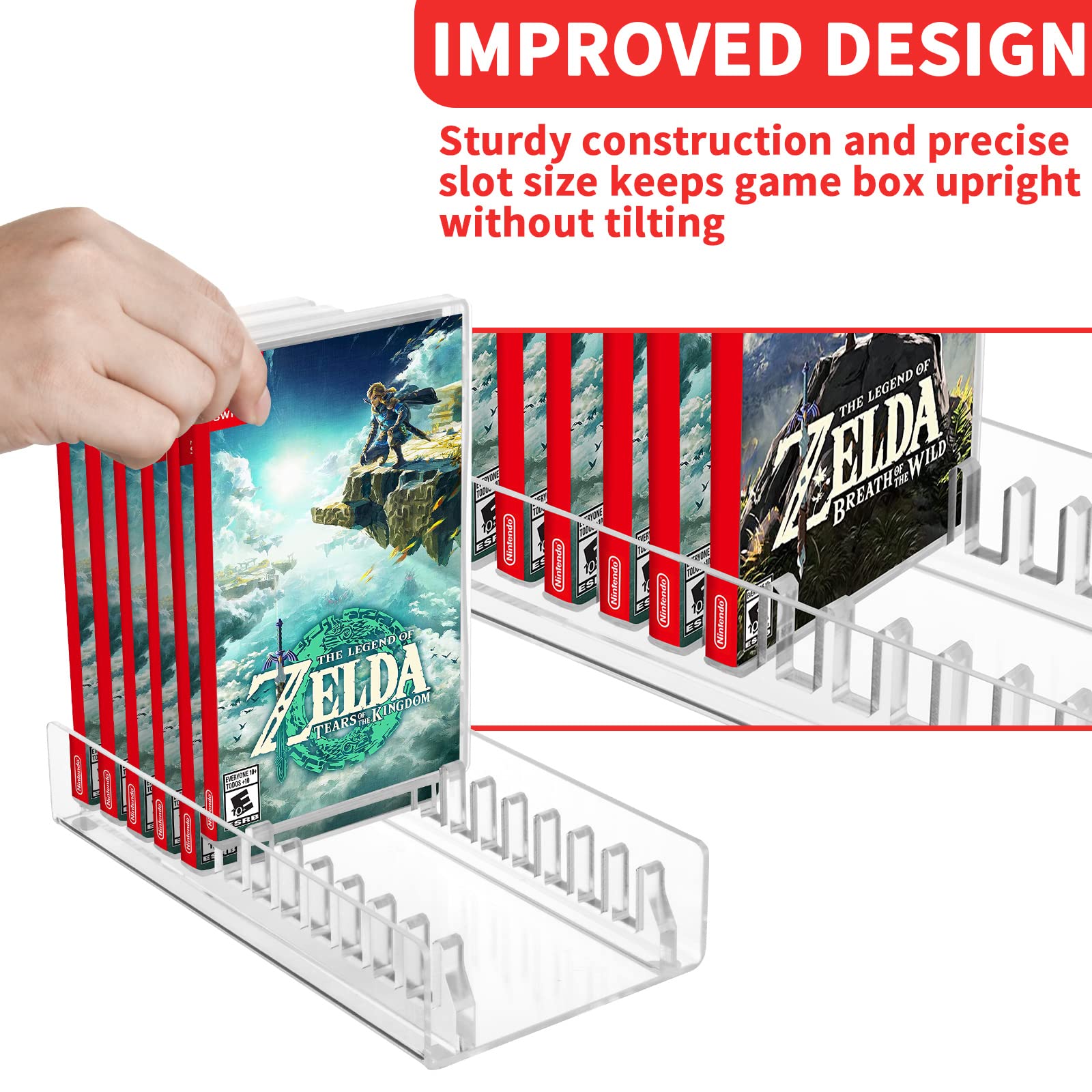 CaSZLUTION Acrylic Game Storage Organizer Stand Compatible with Nintendo Switch Game Card Case, Upgraded Switch Game Display Holder Fits up to 12 Games Box - Clear