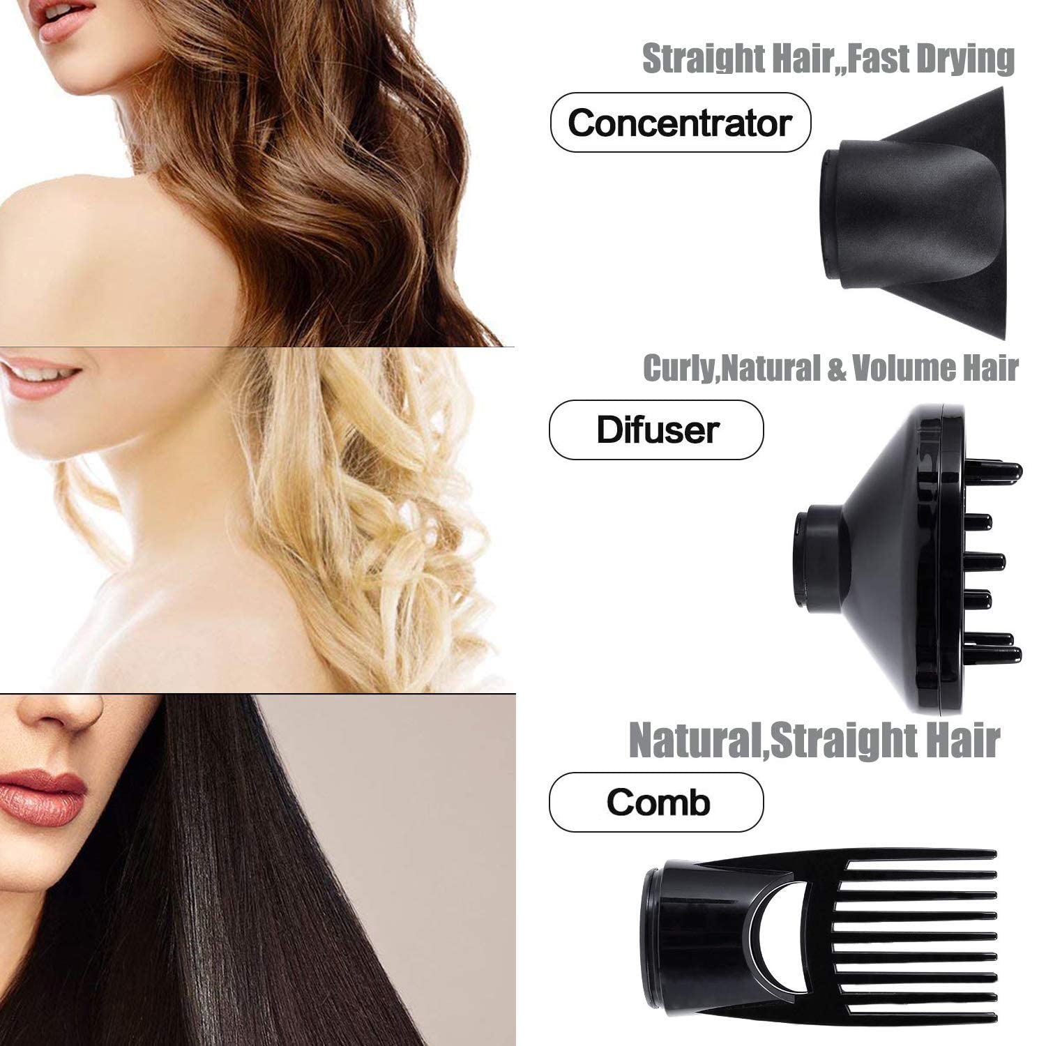 Hair Dryer 1875W, Negative Ionic Fast Dry Low Noise Blow Dryer, Professional Salon Hair Dryers with Diffuser, Concentrator, Styling Pik, 2 Speed and 3 Heat Settings (Bk)