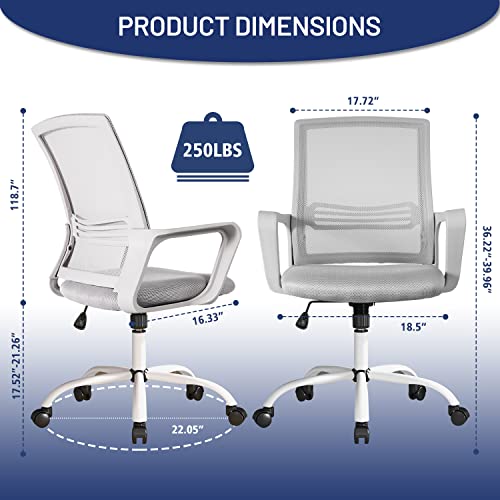 Office Chair, Home Office Desk Chairs, Swivel Desk Chair with Wheels Student Roller Chair for College Study Mesh Task Chair Ergonomic Mid Back for Adults Work, Grey