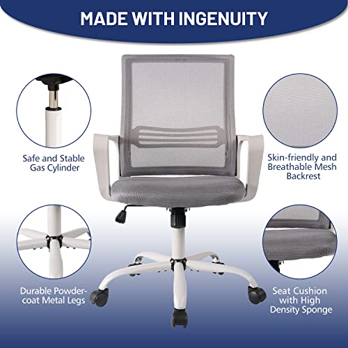 Office Chair, Home Office Desk Chairs, Swivel Desk Chair with Wheels Student Roller Chair for College Study Mesh Task Chair Ergonomic Mid Back for Adults Work, Grey