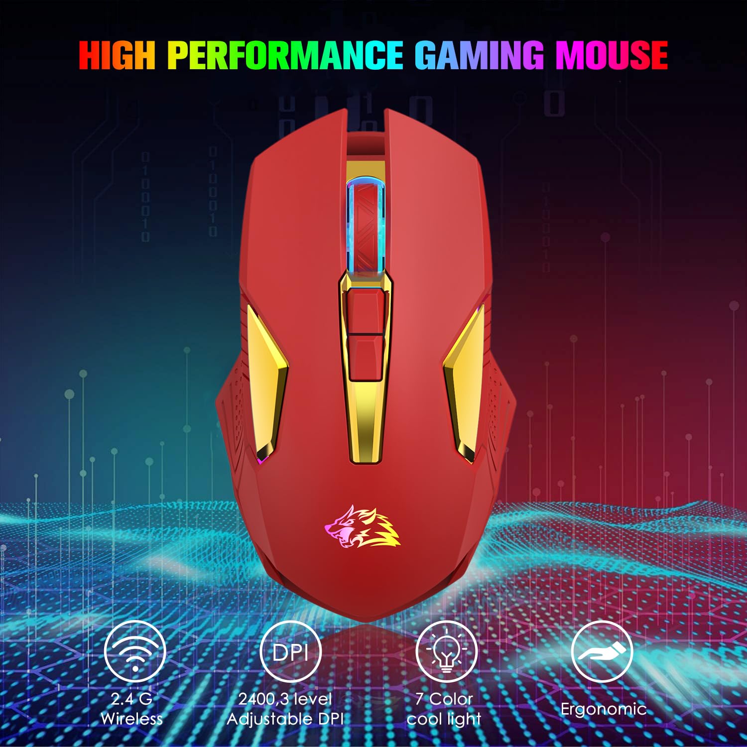 FELICON Wireless Gaming Mouse Rechargeable with Rainbow RGB Backlit,Optical Sensor 3 Level DPI,Ergonomic Gamer Laptop High Performance PC Mice with 8 Buttons for Windows 7/8/10/XP Vista(Red)