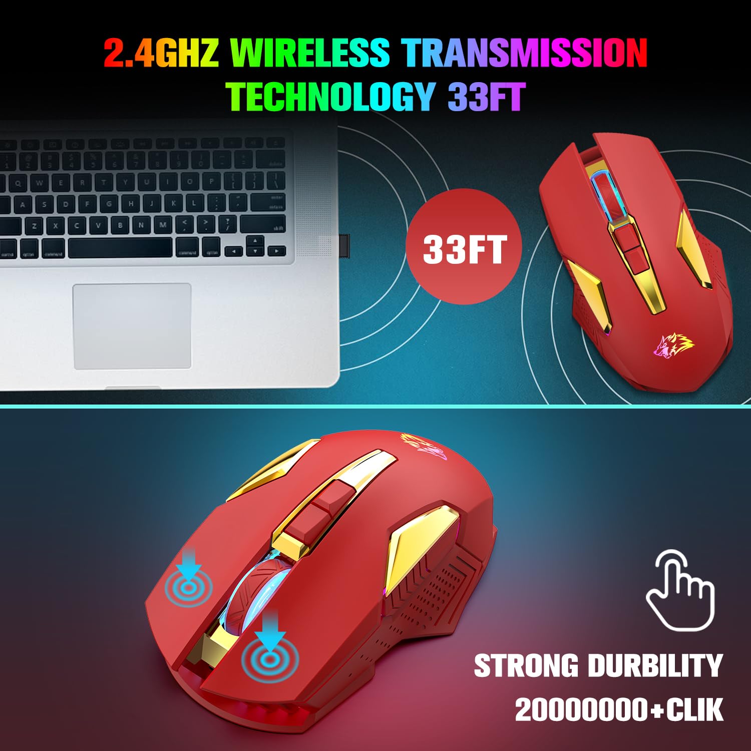 FELICON Wireless Gaming Mouse Rechargeable with Rainbow RGB Backlit,Optical Sensor 3 Level DPI,Ergonomic Gamer Laptop High Performance PC Mice with 8 Buttons for Windows 7/8/10/XP Vista(Red)