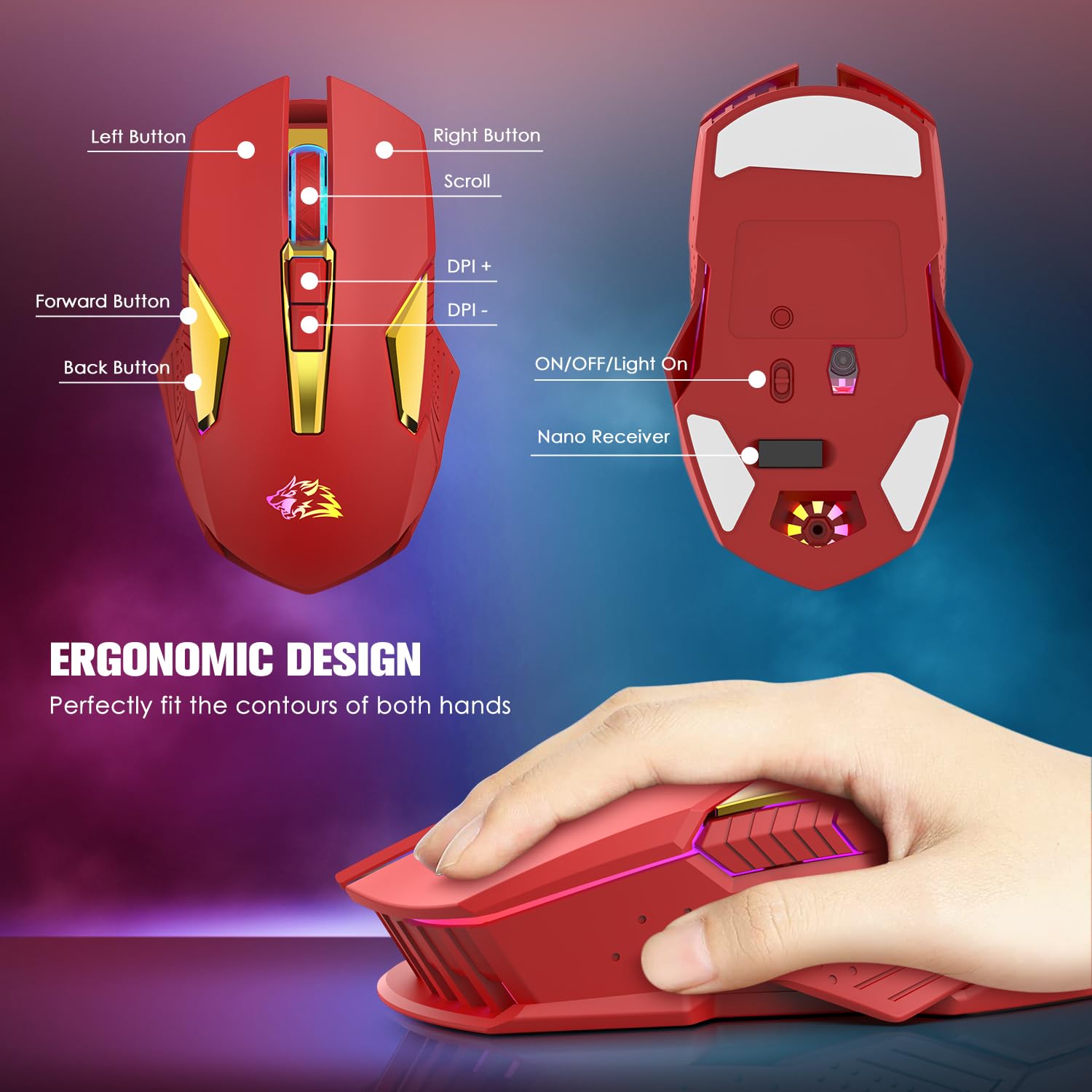 FELICON Wireless Gaming Mouse Rechargeable with Rainbow RGB Backlit,Optical Sensor 3 Level DPI,Ergonomic Gamer Laptop High Performance PC Mice with 8 Buttons for Windows 7/8/10/XP Vista(Red)