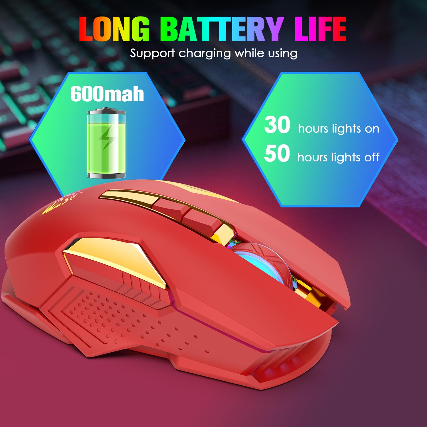 FELICON Wireless Gaming Mouse Rechargeable with Rainbow RGB Backlit,Optical Sensor 3 Level DPI,Ergonomic Gamer Laptop High Performance PC Mice with 8 Buttons for Windows 7/8/10/XP Vista(Red)