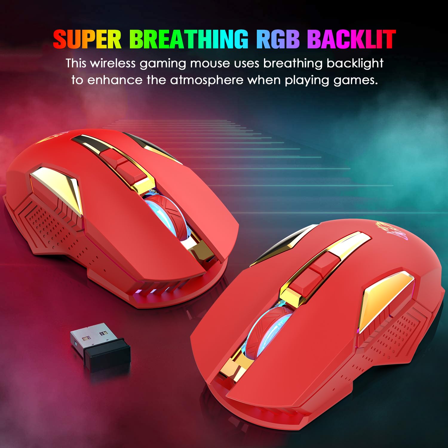 FELICON Wireless Gaming Mouse Rechargeable with Rainbow RGB Backlit,Optical Sensor 3 Level DPI,Ergonomic Gamer Laptop High Performance PC Mice with 8 Buttons for Windows 7/8/10/XP Vista(Red)