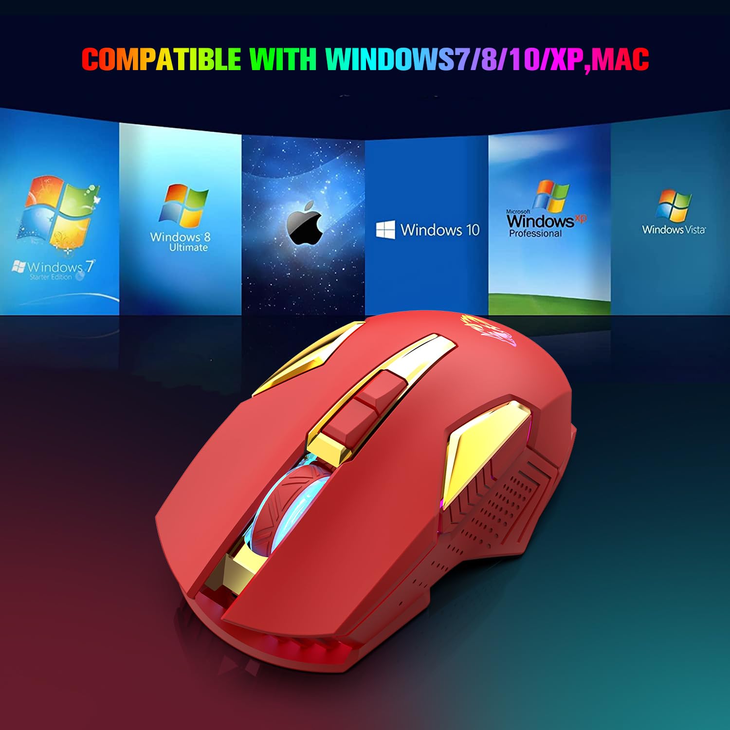 FELICON Wireless Gaming Mouse Rechargeable with Rainbow RGB Backlit,Optical Sensor 3 Level DPI,Ergonomic Gamer Laptop High Performance PC Mice with 8 Buttons for Windows 7/8/10/XP Vista(Red)