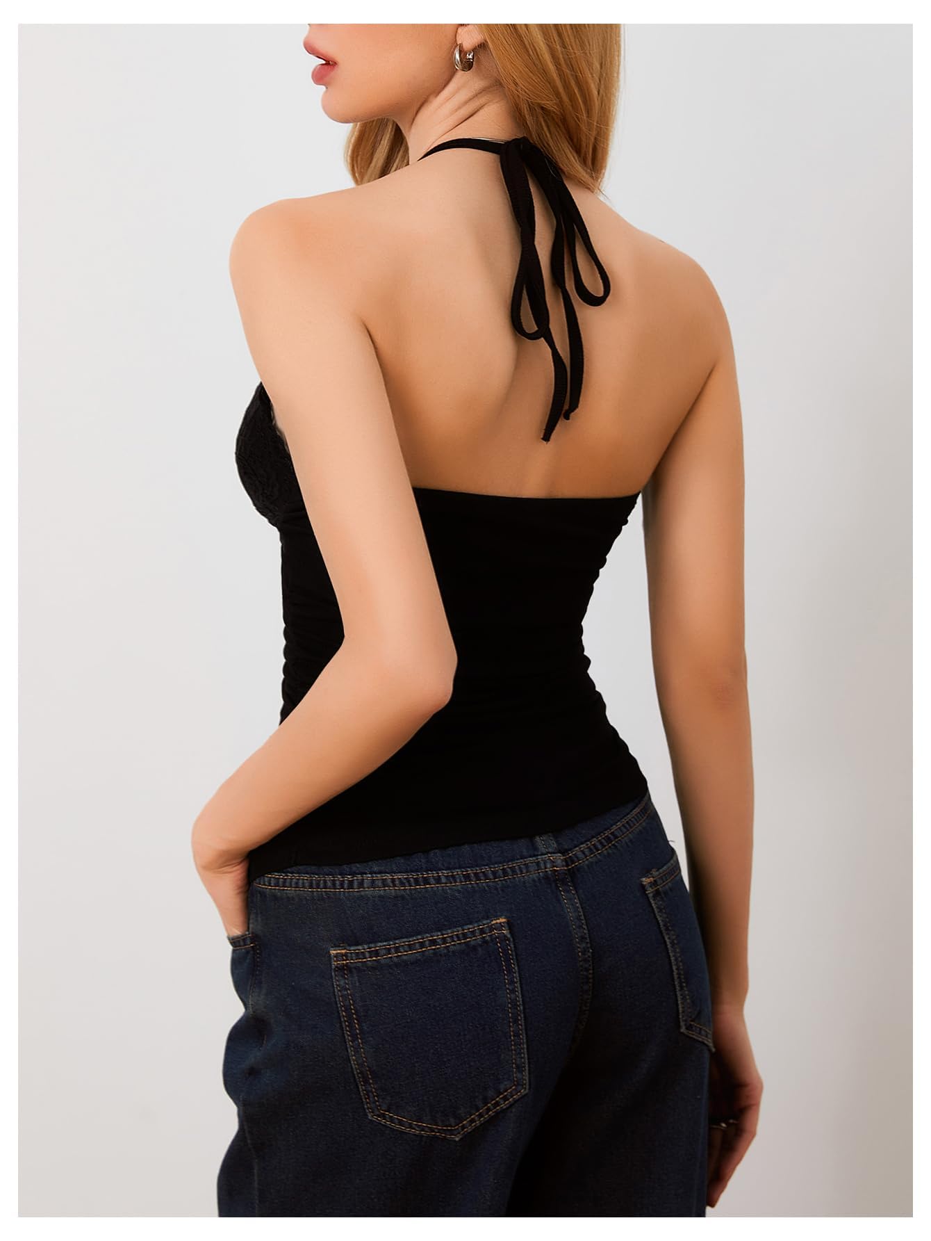 MakeMeChic Women's Halter Top Y2K Lace V Neck Ruched Low Cut Halter Tank Tops Camisole Tops A Black XS
