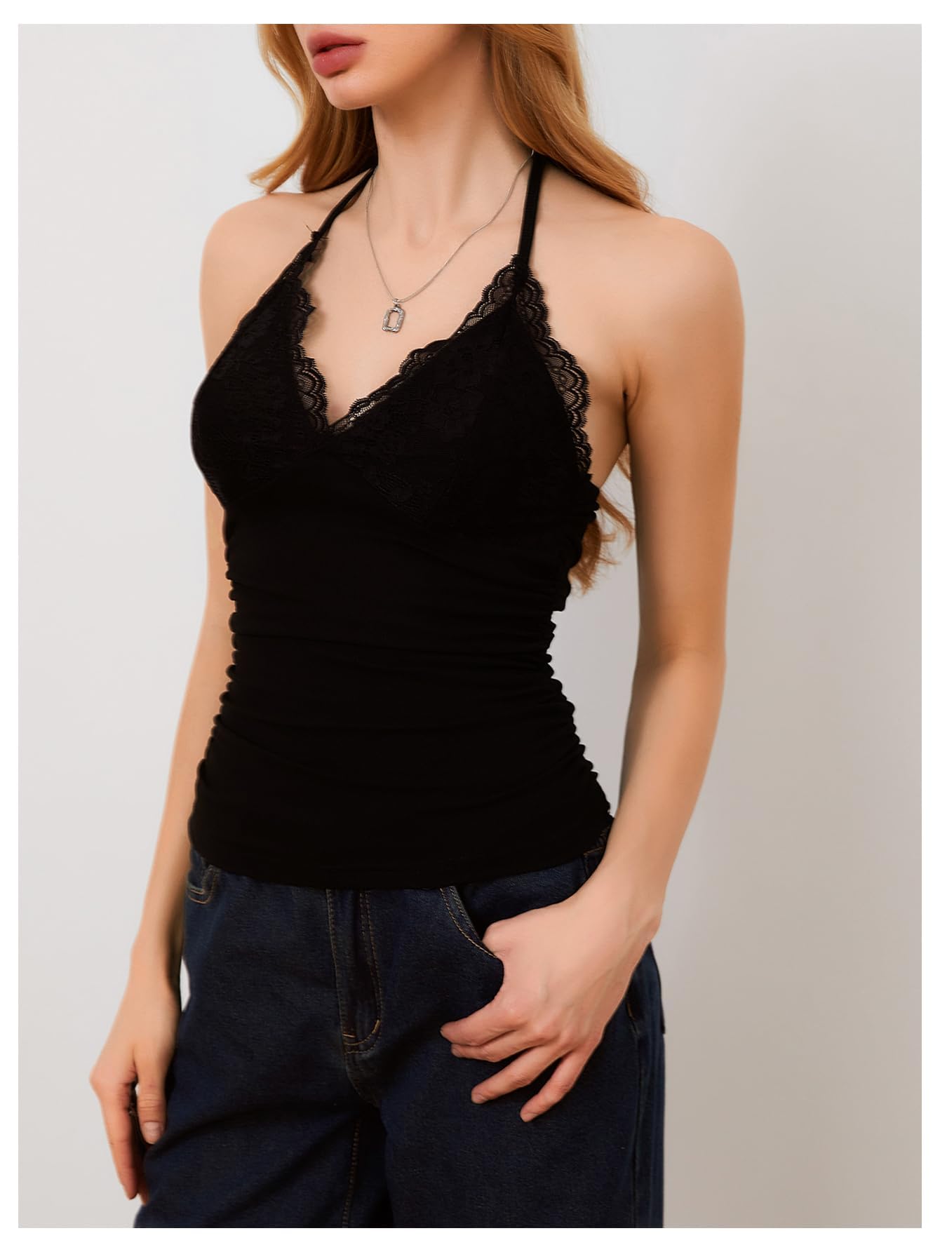 MakeMeChic Women's Halter Top Y2K Lace V Neck Ruched Low Cut Halter Tank Tops Camisole Tops A Black XS