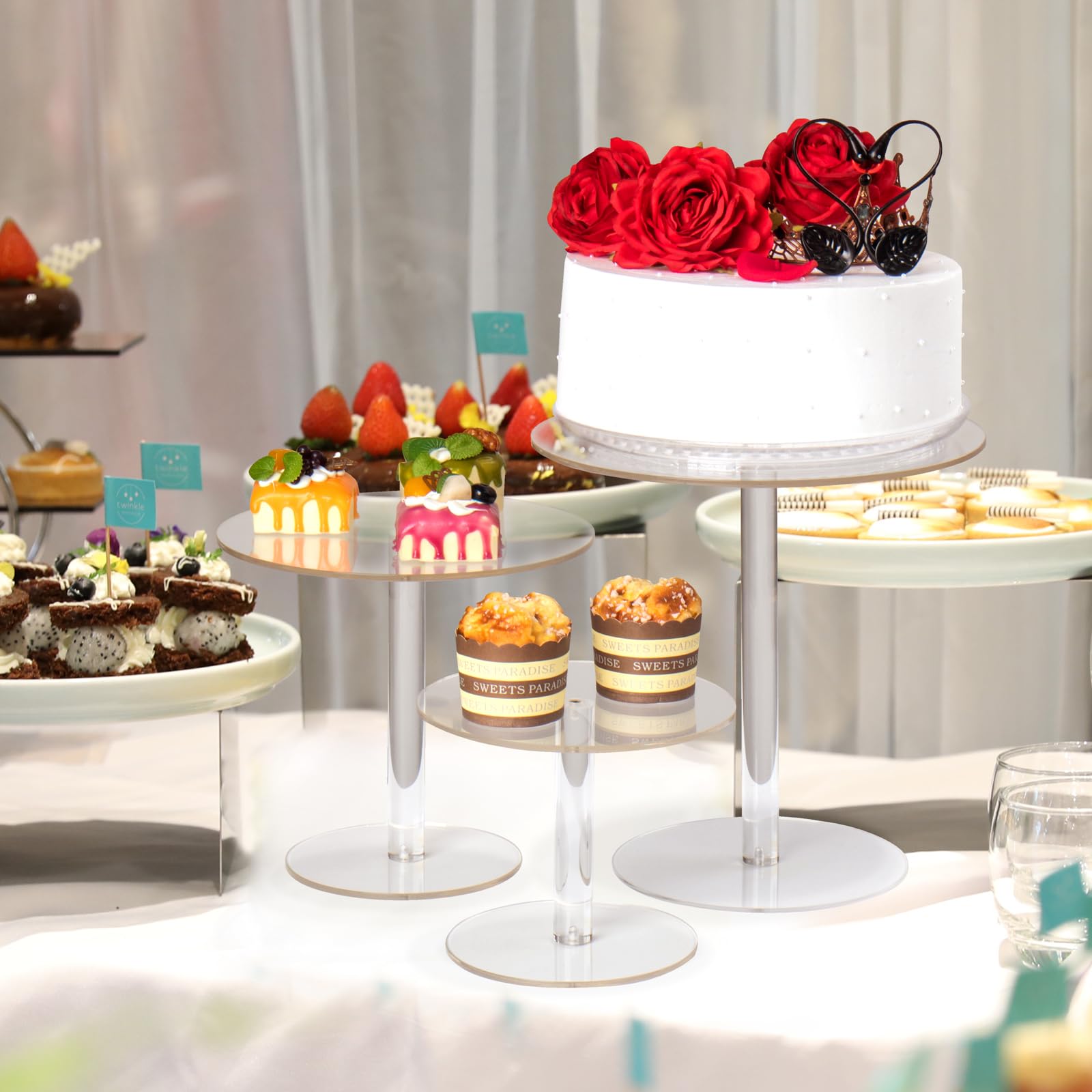 KVMORZE Acrylic Cake Stand, Clear Round Cupcake Stands for Dessert Table, Dessert Cupcake Pastry Candy Display Riser for Wedding, Event, Party, Cake Holder for Cupcake Dessert Cake Pizza (9.8in)
