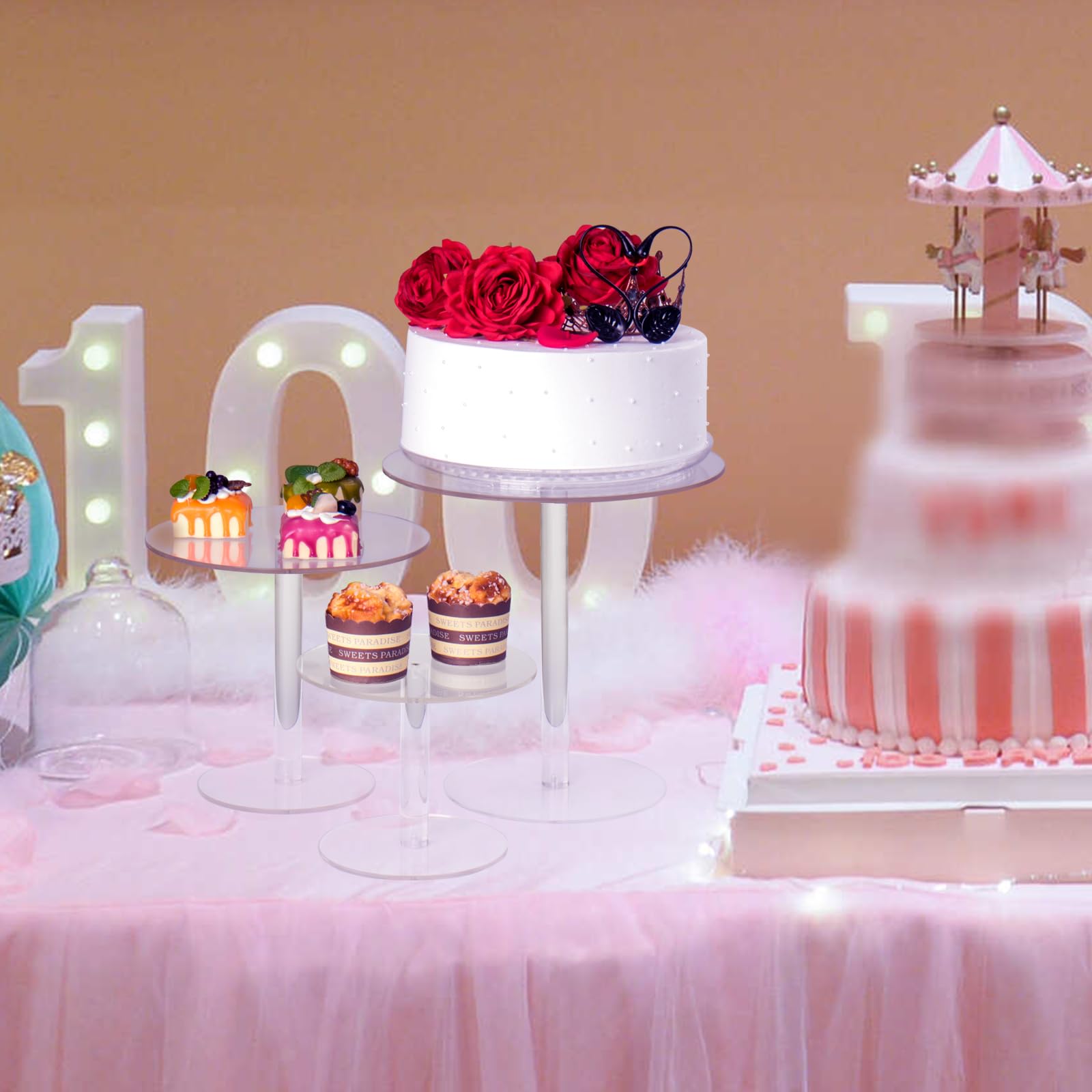 KVMORZE Acrylic Cake Stand, Clear Round Cupcake Stands for Dessert Table, Dessert Cupcake Pastry Candy Display Riser for Wedding, Event, Party, Cake Holder for Cupcake Dessert Cake Pizza (9.8in)