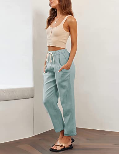 Dqbeng Womens Beach Pants Casual Summer Pull On White Cotton Linen Pants for Women (SageGreen-XL)