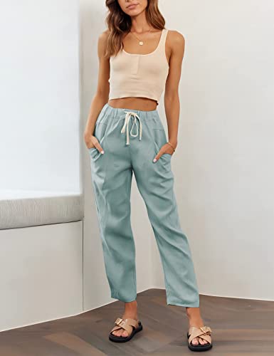 Dqbeng Womens Beach Pants Casual Summer Pull On White Cotton Linen Pants for Women (SageGreen-XL)