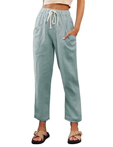 Dqbeng Womens Beach Pants Casual Summer Pull On White Cotton Linen Pants for Women (SageGreen-XL)