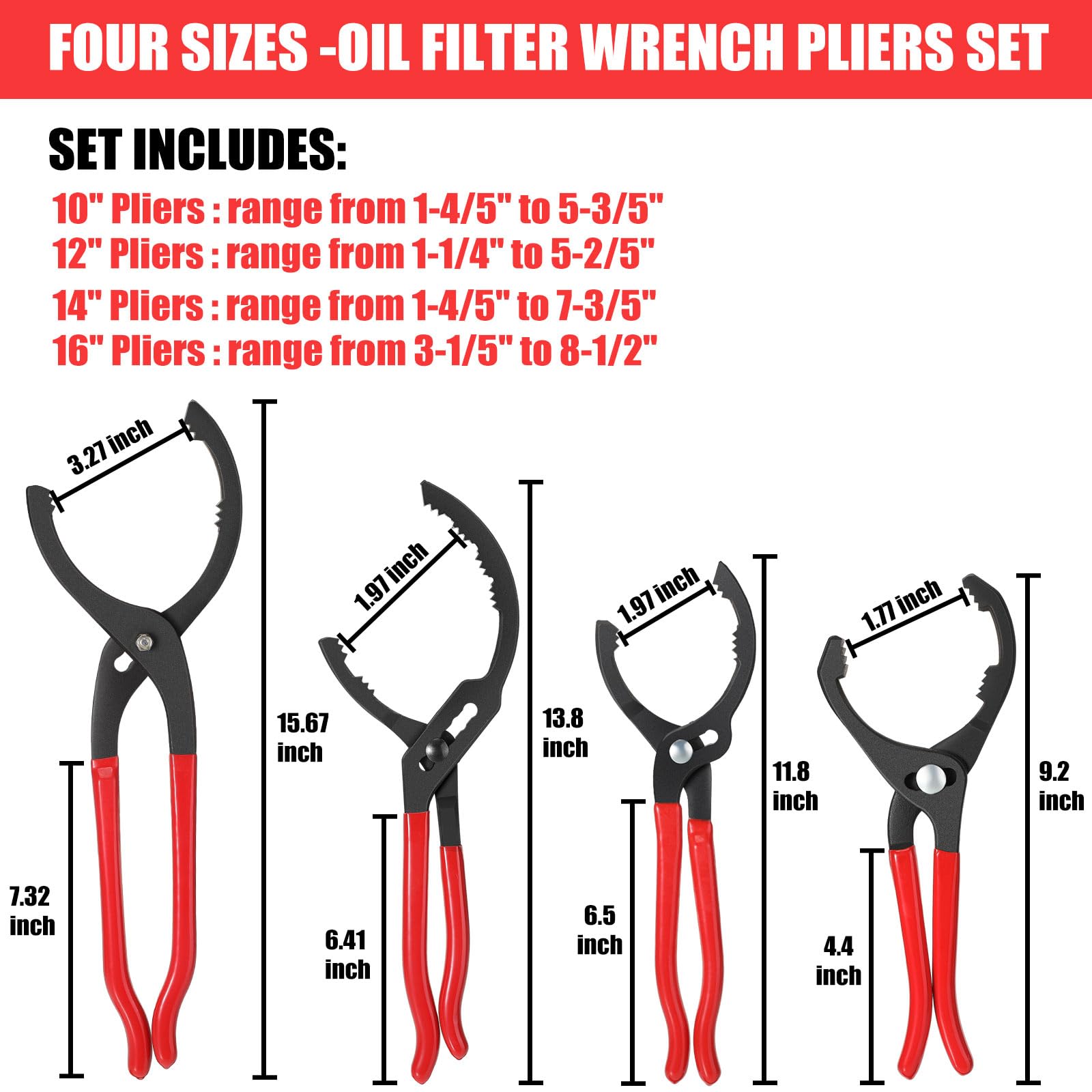 Lothee 4 Pieces Oil Filter Wrench Set, 10'' 12'' 14'' 16'' Oil Filter Pliers Adjustable Removal Tool Pliers for Cars, Trucks, Motorcycles Engine, Conduit, Fittings