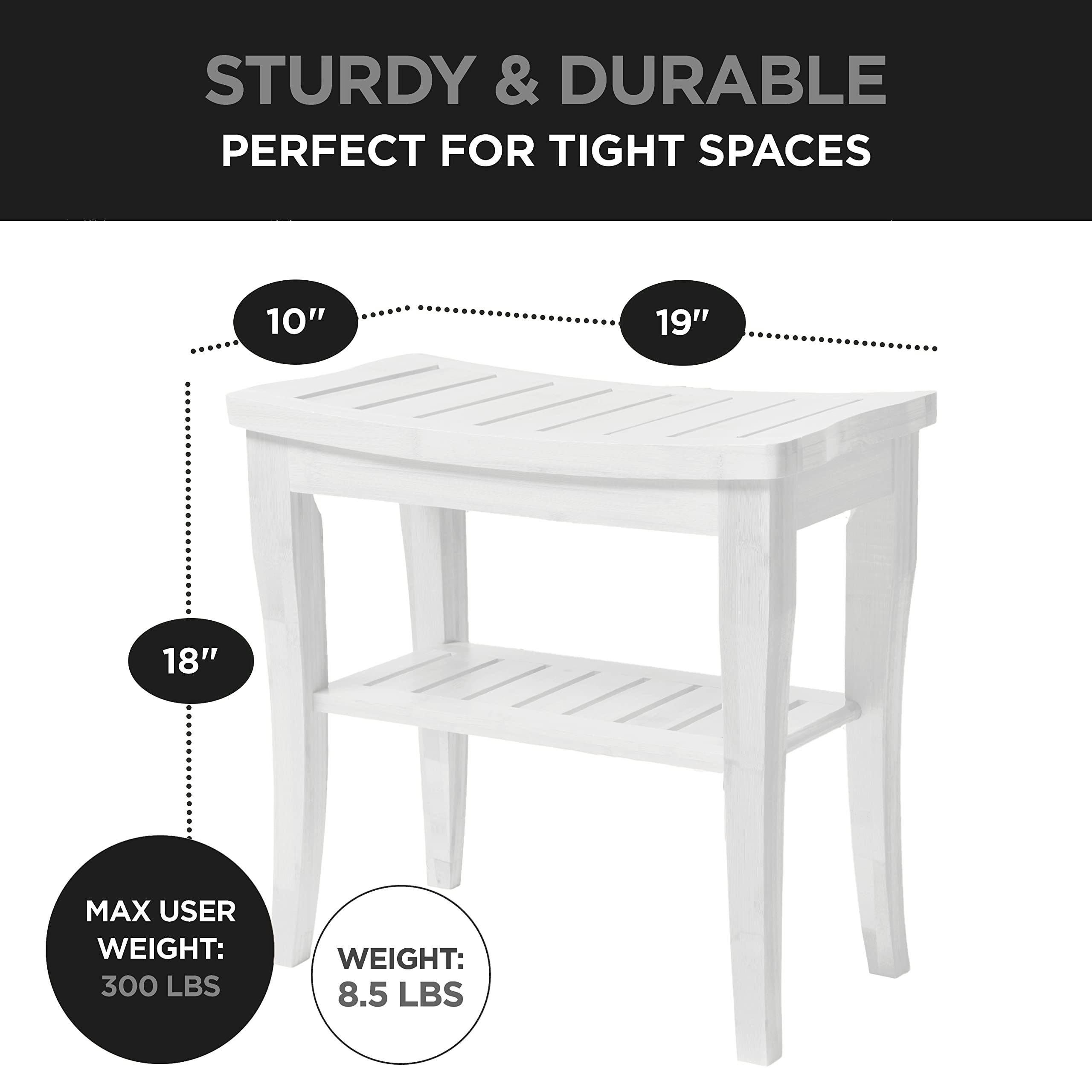 Bamboo Shower Bench Spa Stool - Wood 2-Tier Seat, Foot Rest Shaving Stool with Non-Slip Feet + Storage Shelf - Seat or Organizer for Bathroom, Living Room, Bedroom and Garden Décor (White)