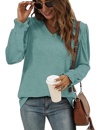 XIEERDUO Womens Oversized Sweatshirts Comfy V Neck Long sleeve Top Trendy Winter Solid Tunic Turquoise 2XL