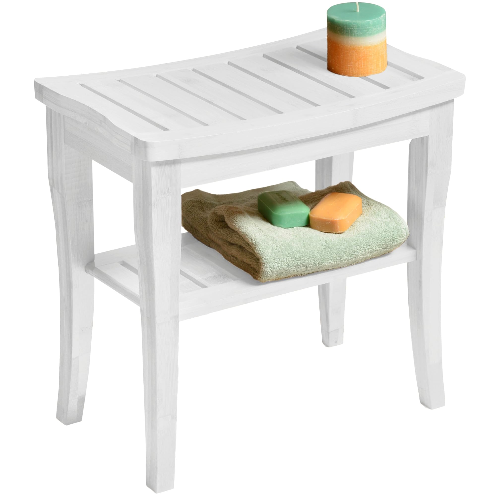 Bamboo Shower Bench Spa Stool - Wood 2-Tier Seat, Foot Rest Shaving Stool with Non-Slip Feet + Storage Shelf - Seat or Organizer for Bathroom, Living Room, Bedroom and Garden Décor (White)