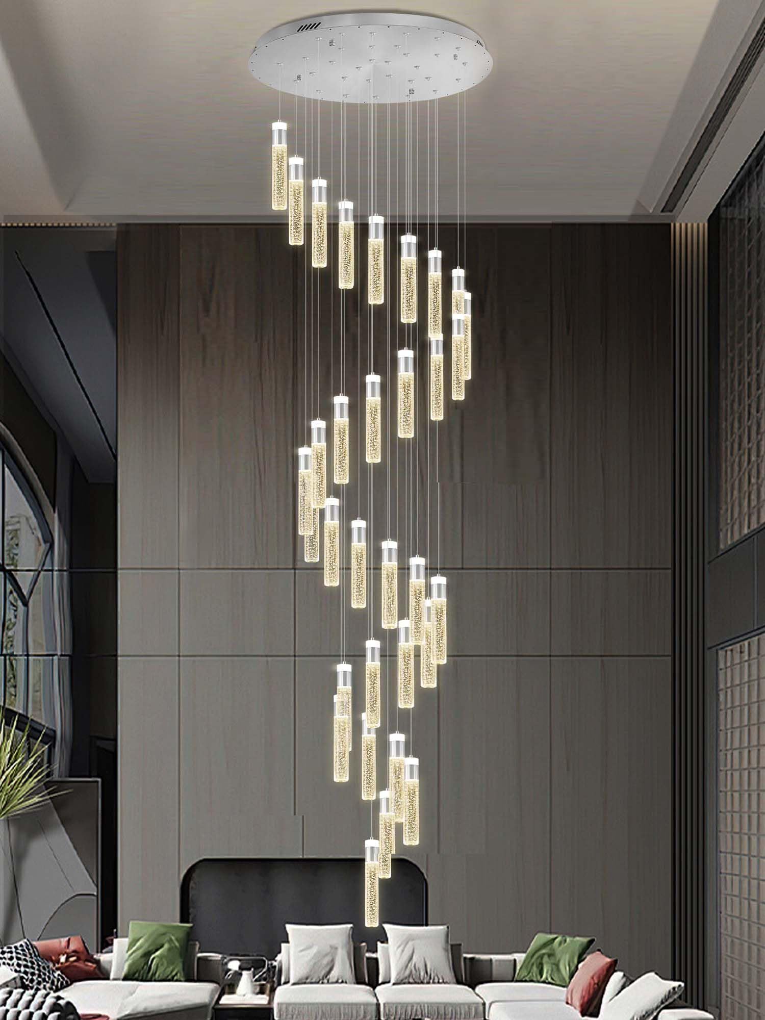 IDEQUY Large Crystal Chandeliers for High Ceilings 32-Lights Silver 150in Spiral Crystal Column Chandelier for Foyer Entryway LED Dimmable 3000K-6000K