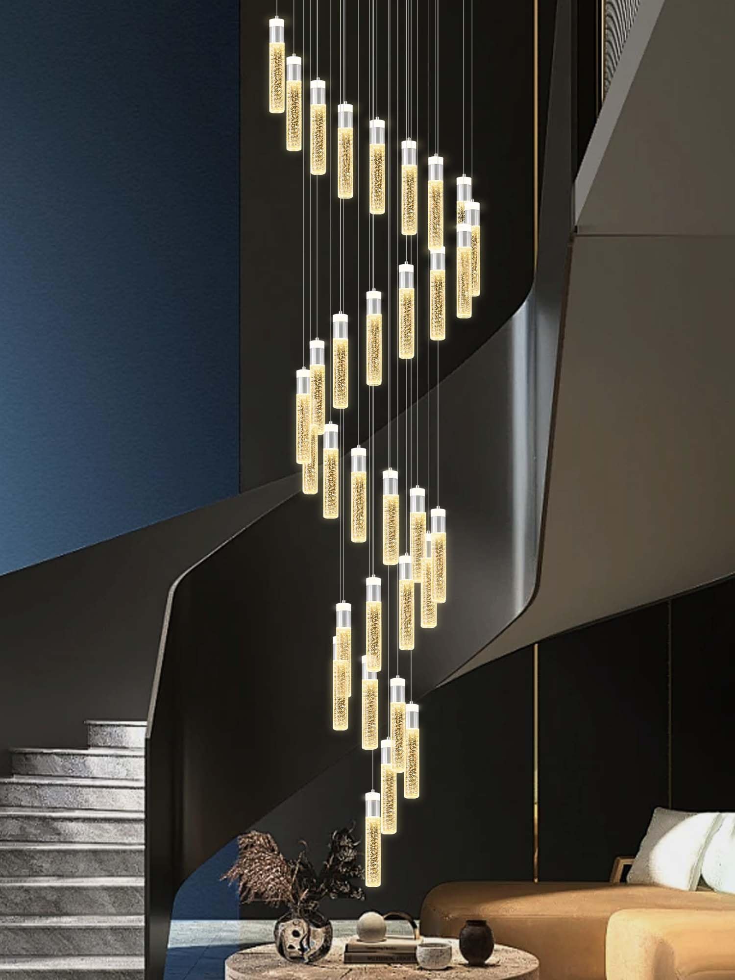 IDEQUY Large Crystal Chandeliers for High Ceilings 32-Lights Silver 150in Spiral Crystal Column Chandelier for Foyer Entryway LED Dimmable 3000K-6000K
