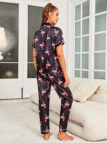 WDIRARA Women's 2 Piece Sleepwear Striped Satin Short Sleeve Shirt and Pants Pajama Set Animal Black M