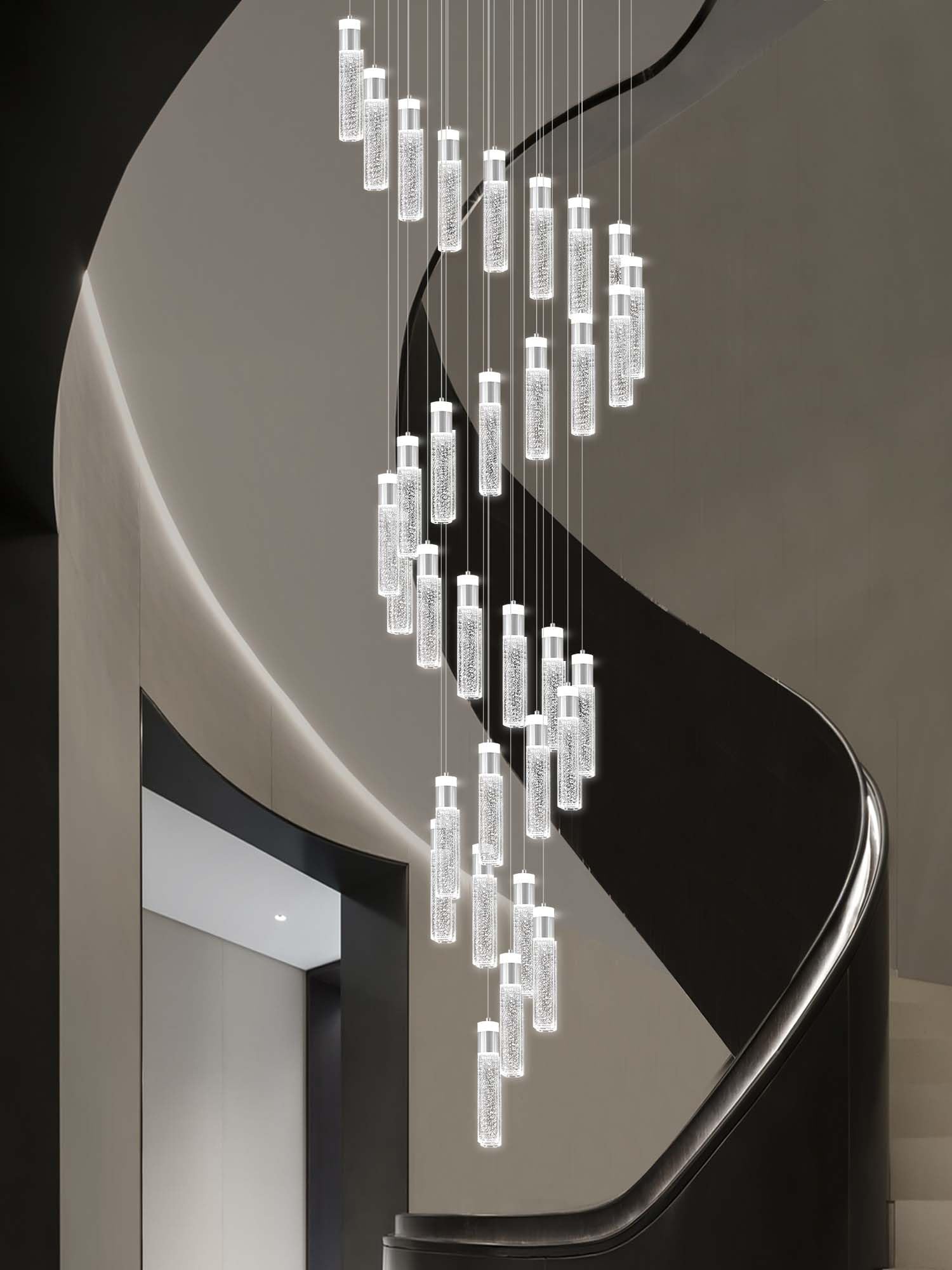 IDEQUY Large Crystal Chandeliers for High Ceilings 32-Lights Silver 150in Spiral Crystal Column Chandelier for Foyer Entryway LED Dimmable 3000K-6000K