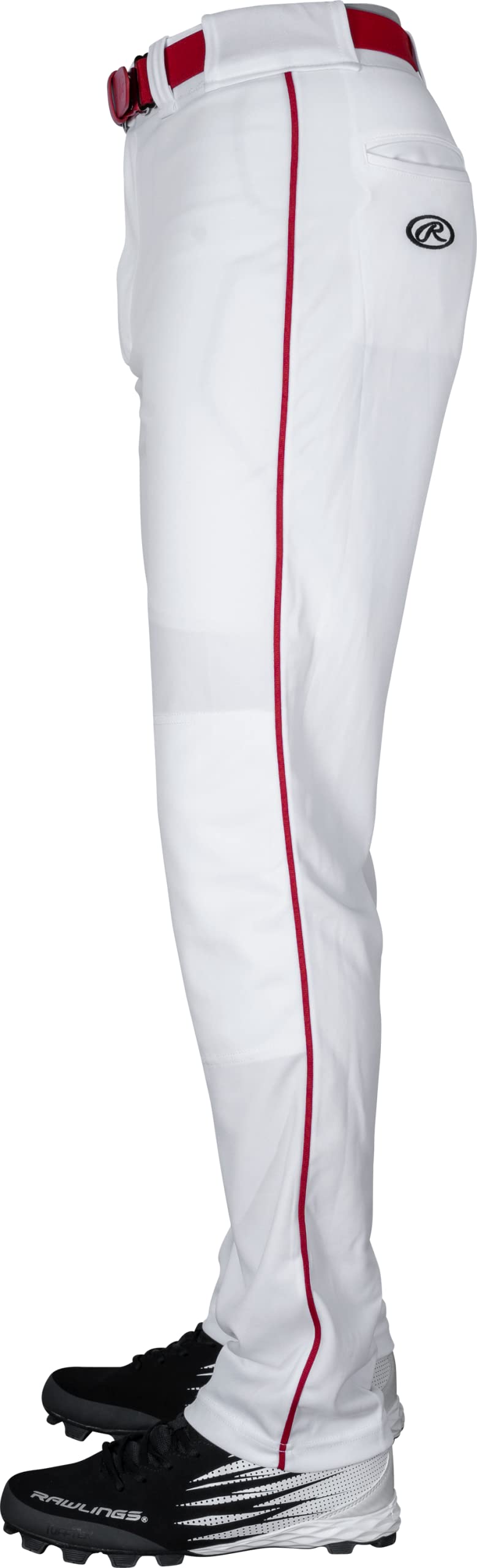 Rawlings | Semi-Relaxed Full Length Baseball Pant | Piped | Adult Small | White/Scarlet