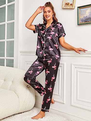 WDIRARA Women's 2 Piece Sleepwear Striped Satin Short Sleeve Shirt and Pants Pajama Set Animal Black M