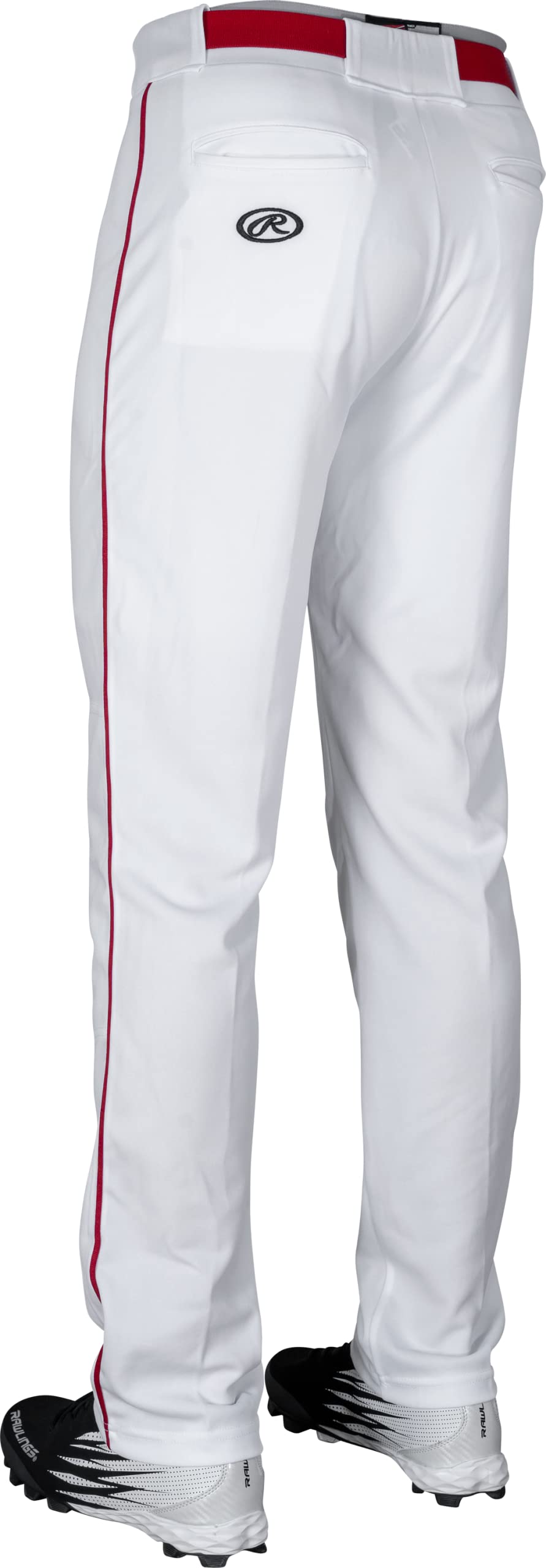 Rawlings | Semi-Relaxed Full Length Baseball Pant | Piped | Adult Small | White/Scarlet