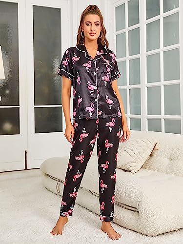 WDIRARA Women's 2 Piece Sleepwear Striped Satin Short Sleeve Shirt and Pants Pajama Set Animal Black M