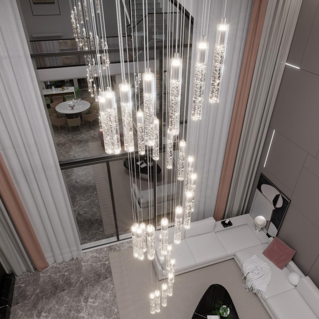 IDEQUY Large Crystal Chandeliers for High Ceilings 32-Lights Silver 150in Spiral Crystal Column Chandelier for Foyer Entryway LED Dimmable 3000K-6000K