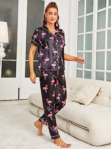WDIRARA Women's 2 Piece Sleepwear Striped Satin Short Sleeve Shirt and Pants Pajama Set Animal Black M
