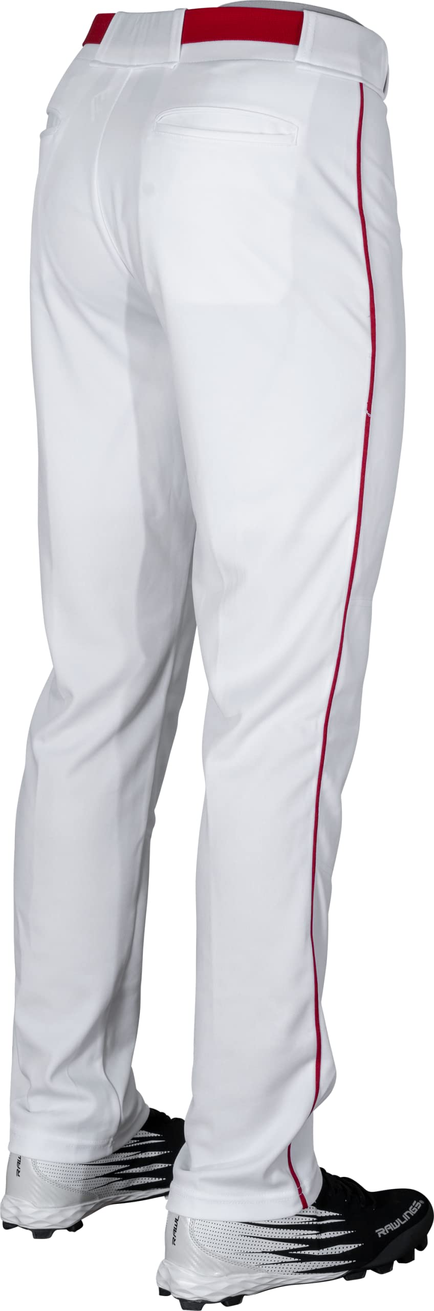 Rawlings | Semi-Relaxed Full Length Baseball Pant | Piped | Adult Small | White/Scarlet