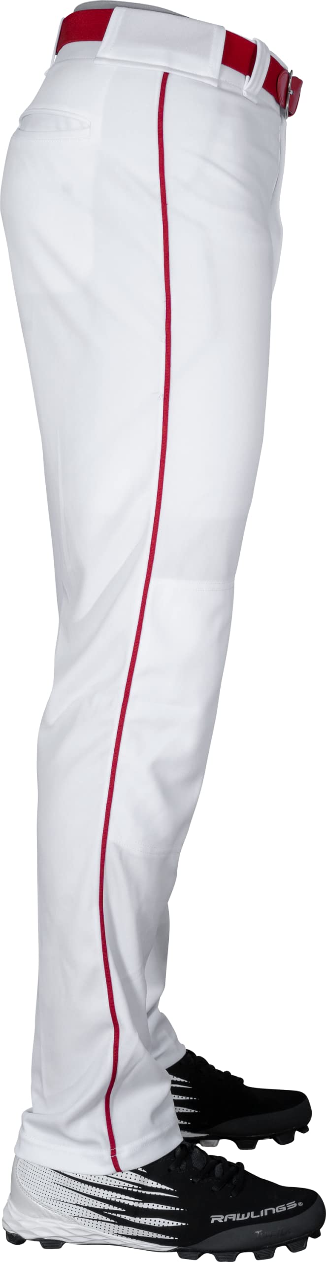 Rawlings | Semi-Relaxed Full Length Baseball Pant | Piped | Adult Small | White/Scarlet